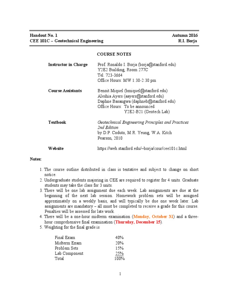CEE 101C Geotechnical Engineering Course Outline | PDF | Materials ...