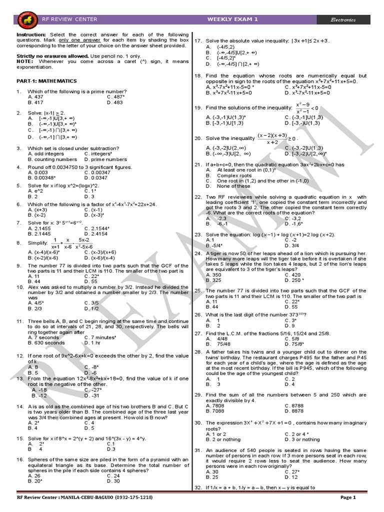 RF Review Center Weekly Exam 1 | PDF | Inequality (Mathematics) | Quadratic Equation