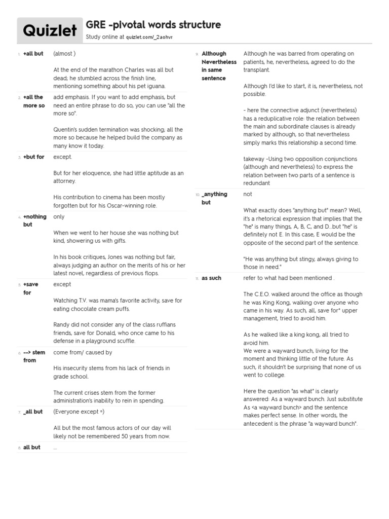 GRE - Pivotal Words StructurE | PDF | Sentence (Linguistics) | Style ...