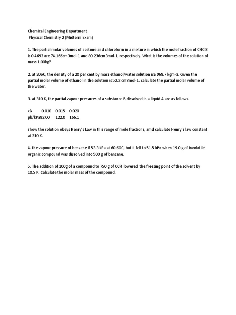 Practice Problems For Physical Chemistry 2 | PDF | Solution | Mole (Unit)
