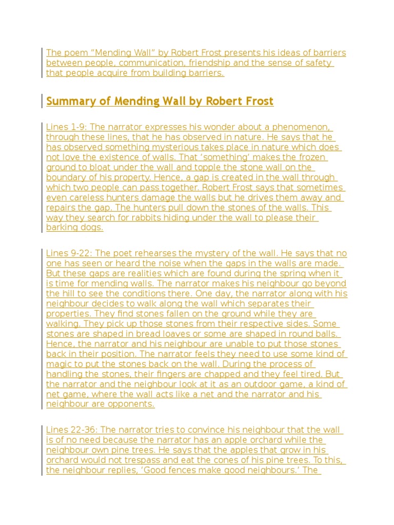 Summary of Mending Wall by Robert Frost | Download Free PDF | Poetry