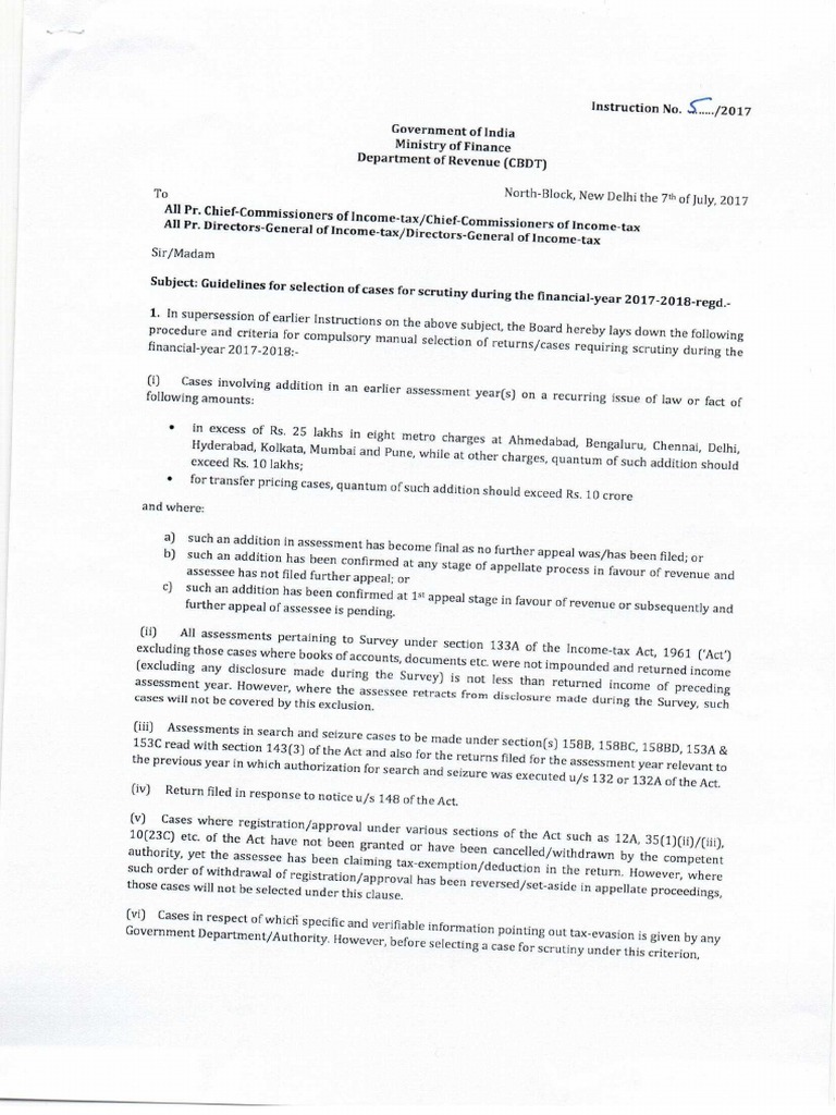 CBDT Instruction No 05-2017 - Guidelines For Selection of Cases For ...