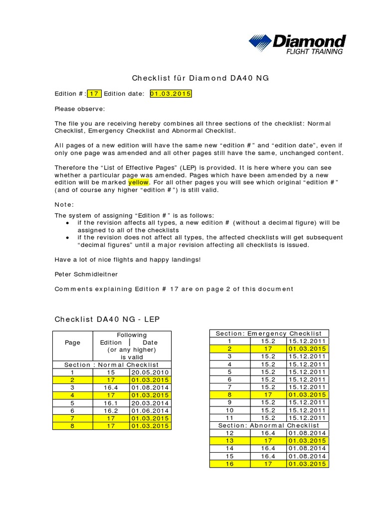 DA40 NG Checklist Edit17 A4 | PDF | Aircraft Flight Control System ...
