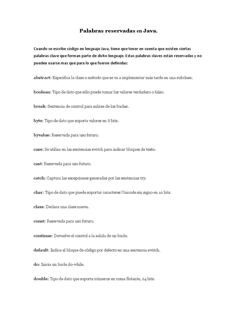 Palabras Reservadas en Java | PDF | Java (lenguaje de programación) | Tipo de datos