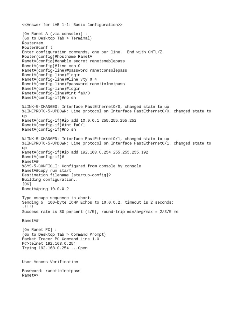 Answer LAB1 1 BasicConfig | PDF | Command Line Interface | Computer Networking