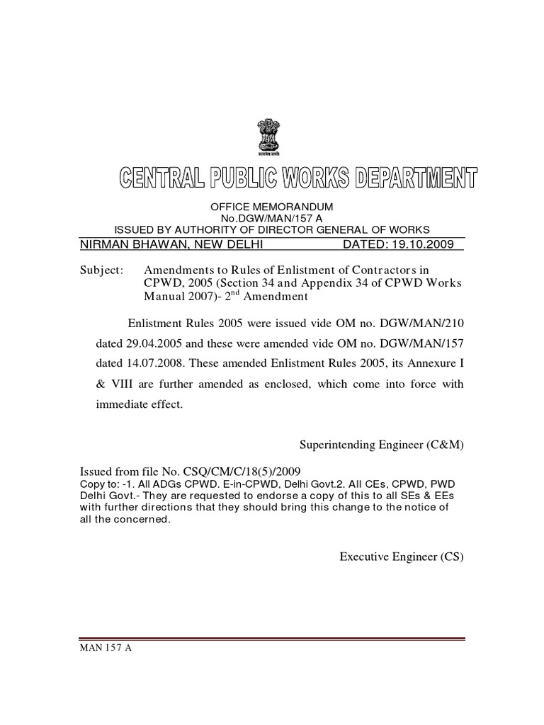 Subject: Amendments To Rules of Enlistment of Contractors in CPWD, 2005 ...