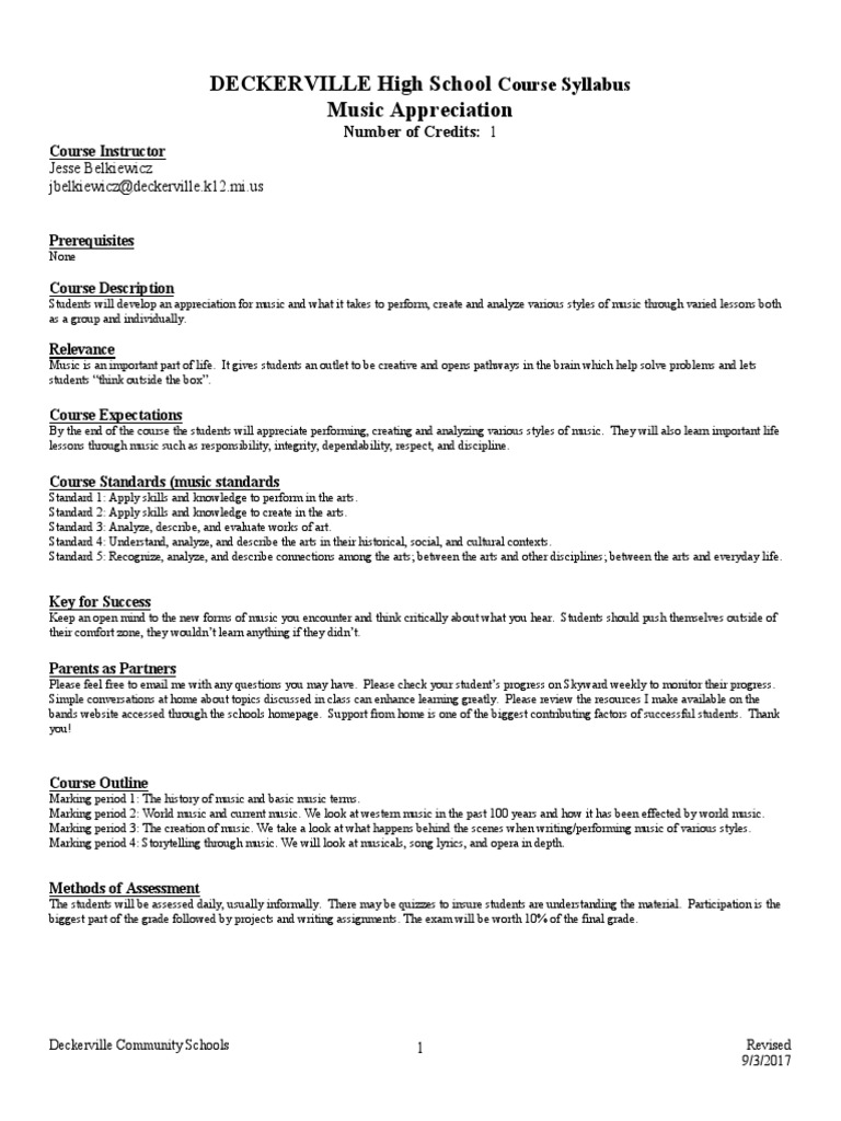 DECKERVILLE High School Music Appreciation: Course Syllabus | PDF | The ...