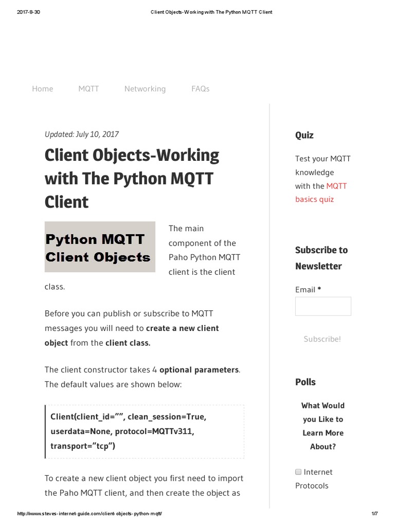 Client Objects-Working With The Python MQTT Client | PDF | Parameter ...