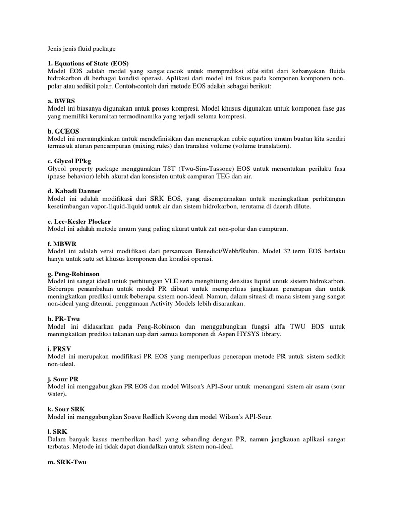 Jenis-Jenis Fluid Package dalam HYSYS | PDF