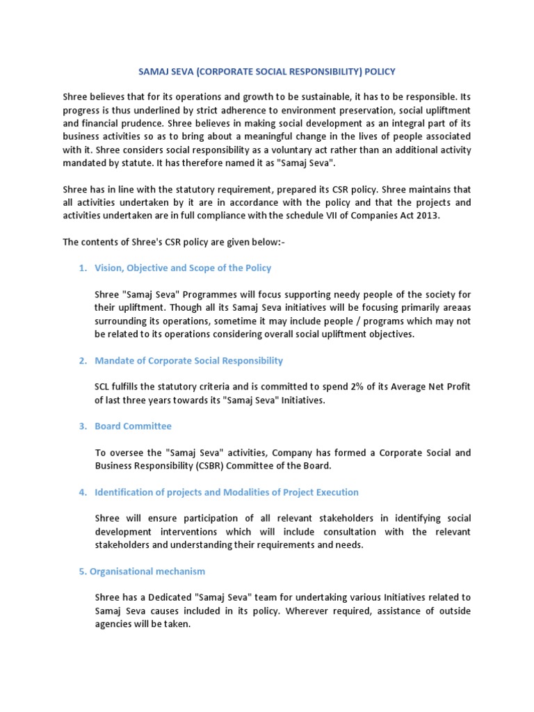 Shree CSR Policy | PDF | Corporate Social Responsibility | Public Sphere