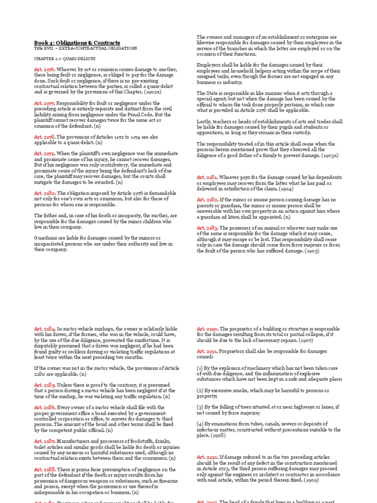 Codal - Quasi Delict - 2176-2194 | PDF | Negligence | Legal Guardian