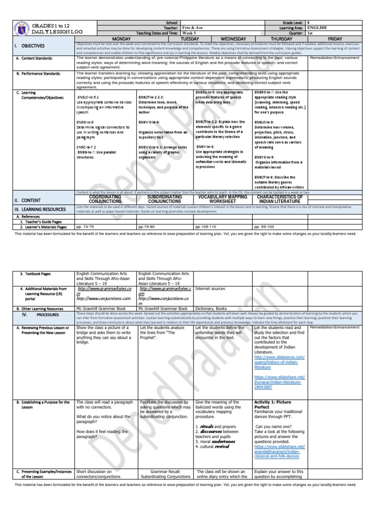 DLL ENG8 1stQ 5th Week Final | PDF | Learning | Teachers