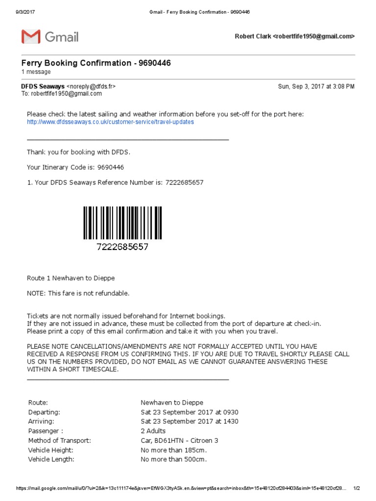 Gmail - Ferry Booking Confirmation - 9690446 PDF | PDF | Ferry | Transport