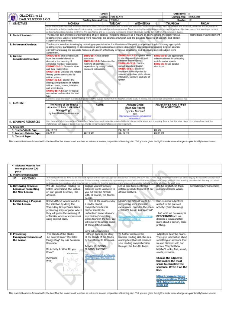 DLL ENG8 1stQ 2nd Week Checked | PDF | Reading (Process) | Adjective
