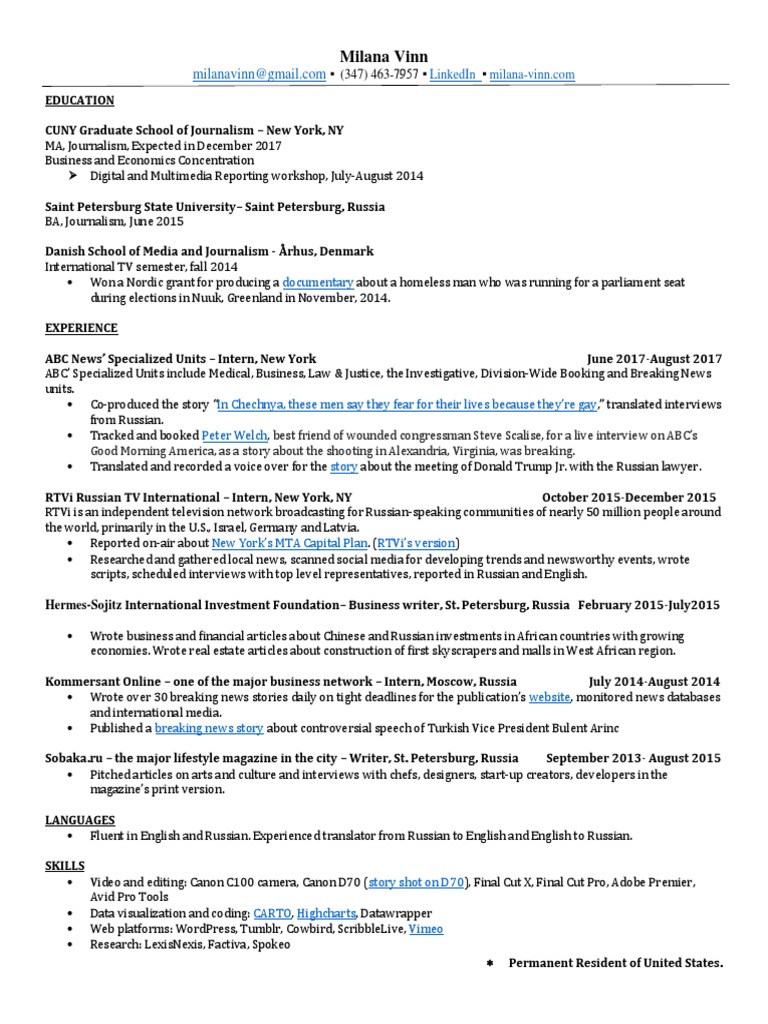Milana Vinn Resume | PDF | Russia | World Politics
