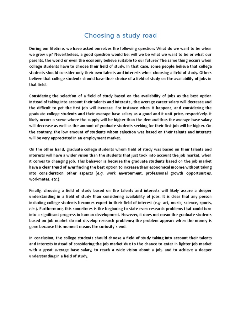 Choosing A Study Road (Compare-Contrast Essay) | PDF | Labour Economics ...