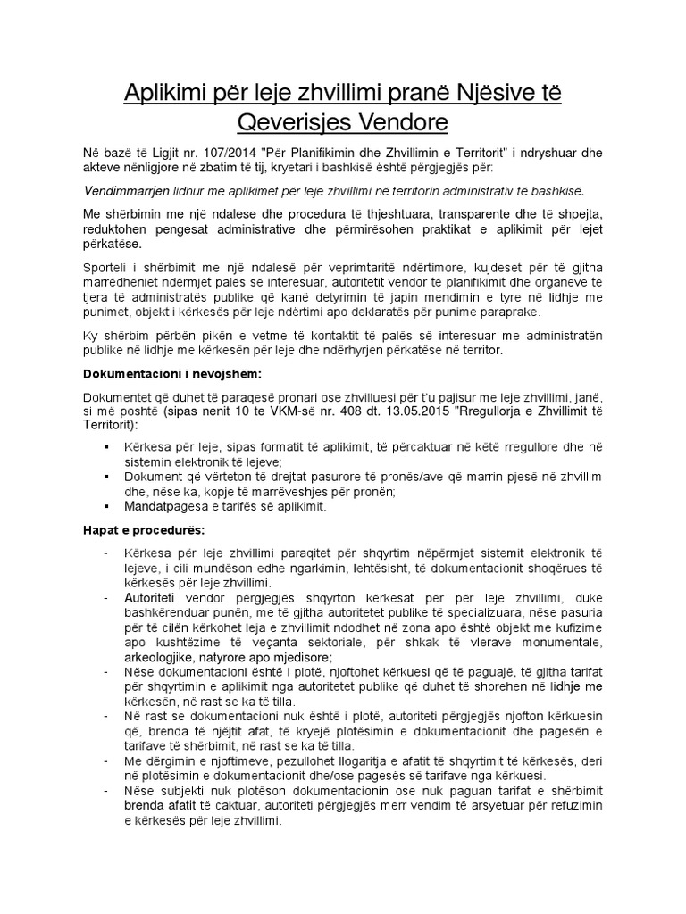 Aplikimi Per Leje Zhvillimi Prane Njesive Te Qeverisjes Vendore | PDF