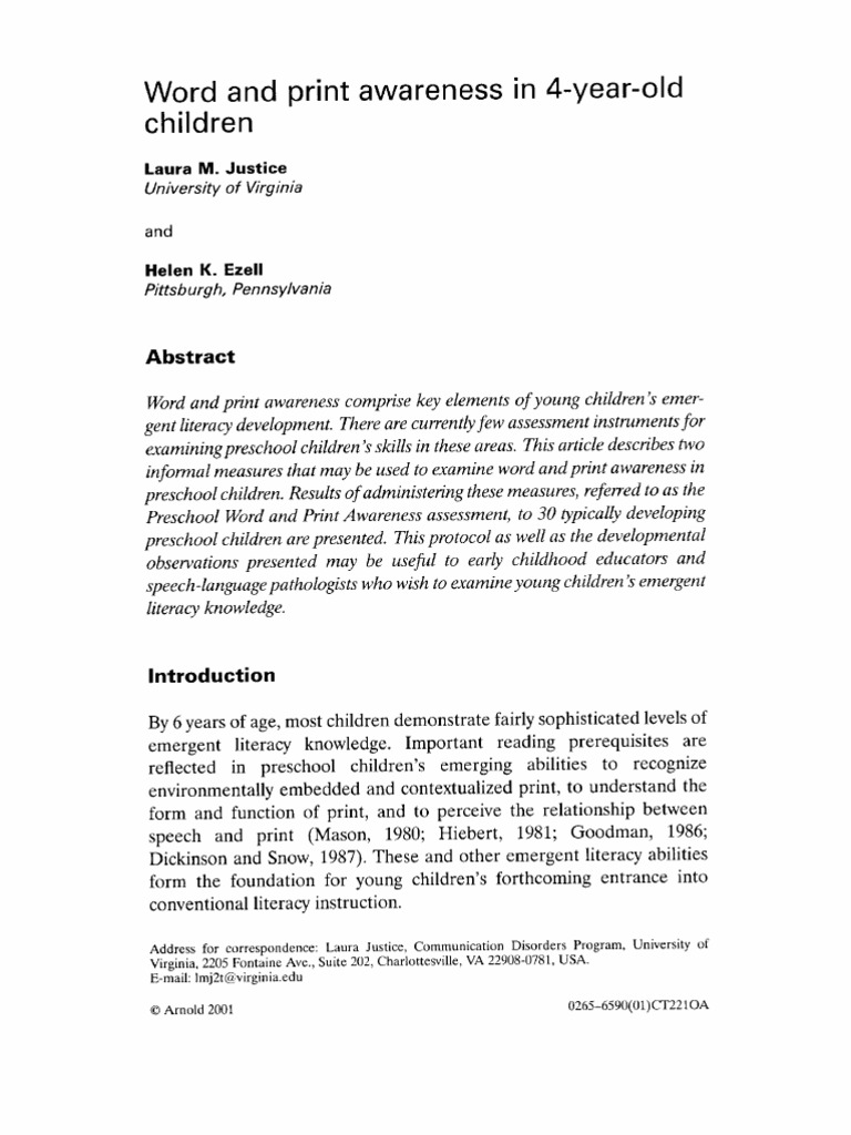 Pwps Preschool Word and Print Awareness Assessment | PDF