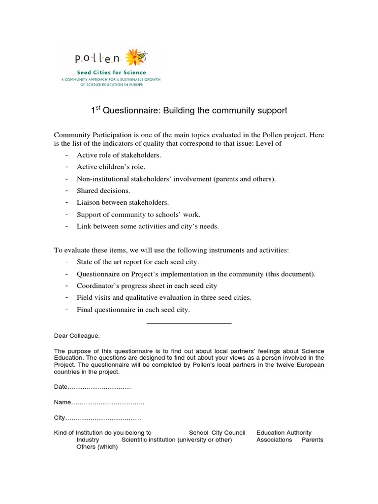 Community Questionnaire and Coordinator Sheet | Questionnaire | Target ...