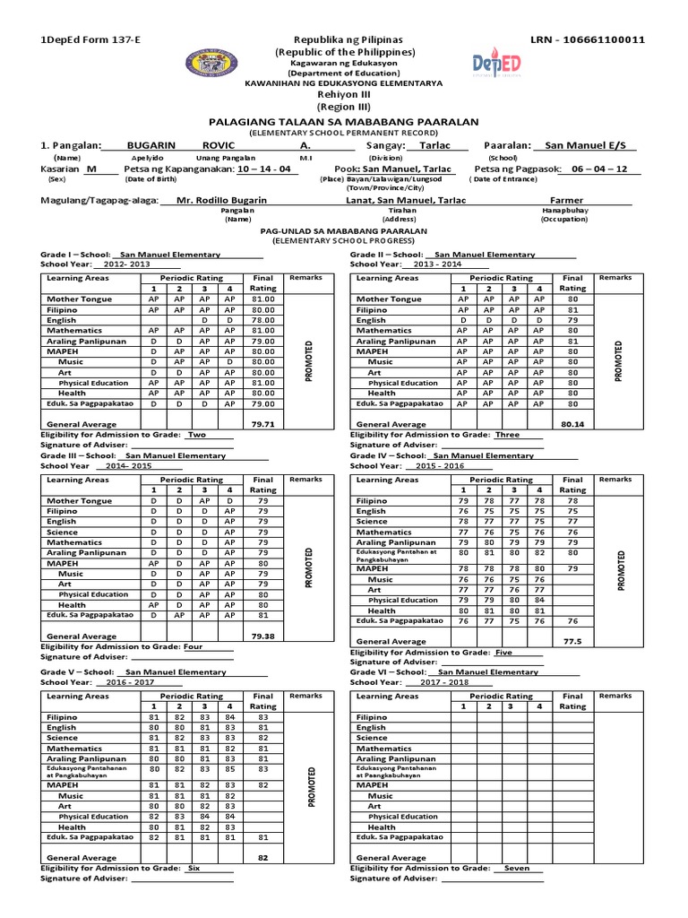 FORM 137 Example | PDF | Physical Education | Wellness