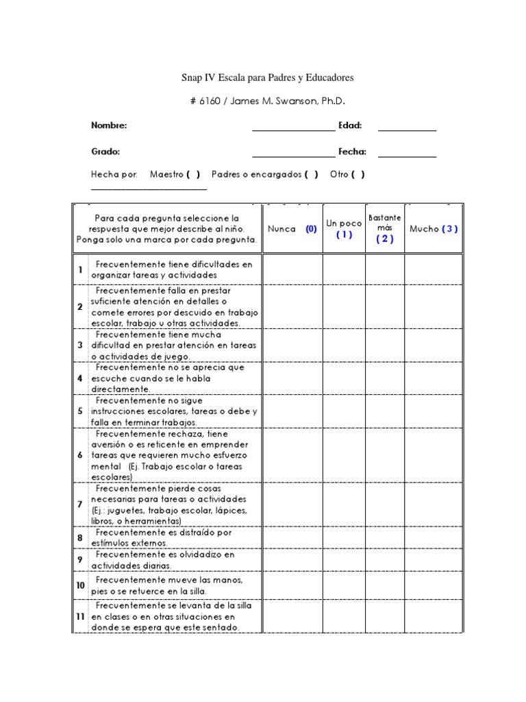 Escala SNAP-IV para Padres y Educadores | PDF | Desorden hiperactivo y ...