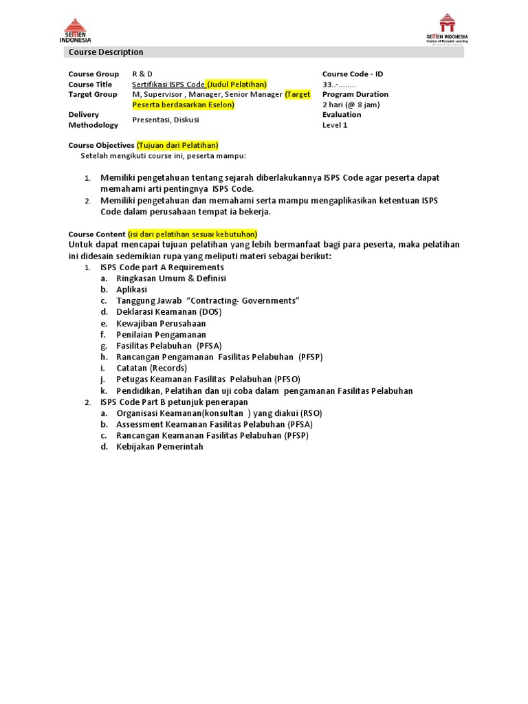 Form Course Description - Sertifikasi ISPS Code | PDF