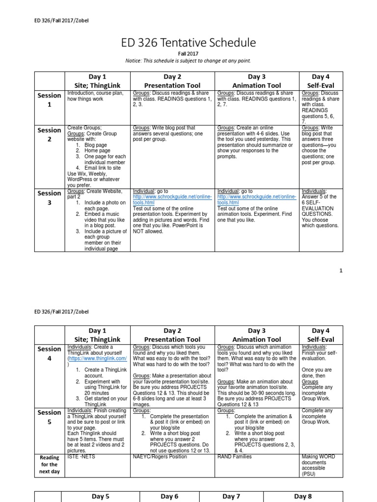 Ed326 Fall17 Tent Schedule GZ Final | PDF | Blog | Websites