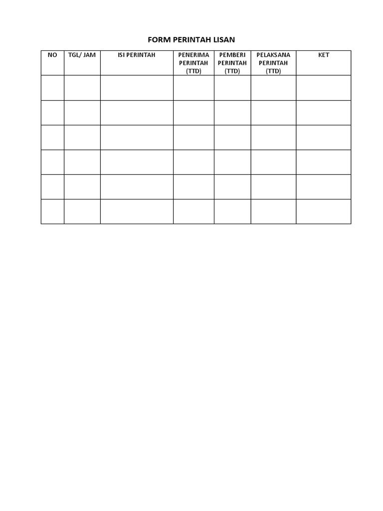 Form Perintah Lisan: NO TGL/ Jam Isi Perintah Penerima Perintah (TTD) Pemberi Perintah (TTD ...