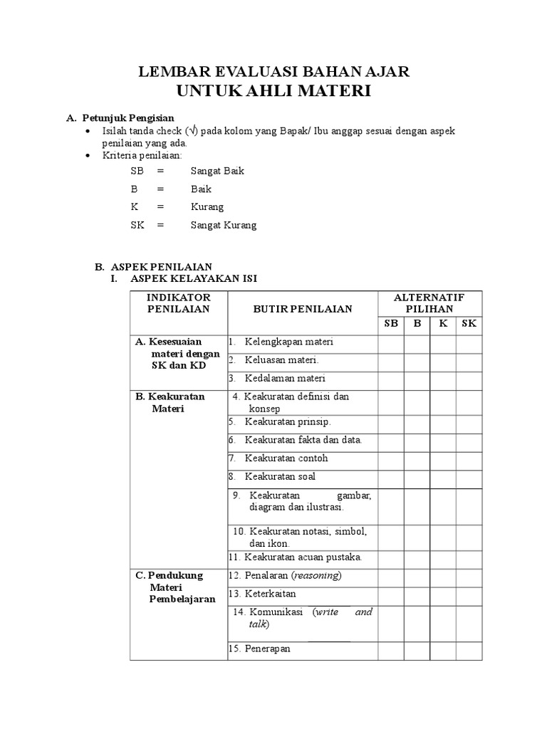 Lembar Evaluasi Bahan Ajar | PDF