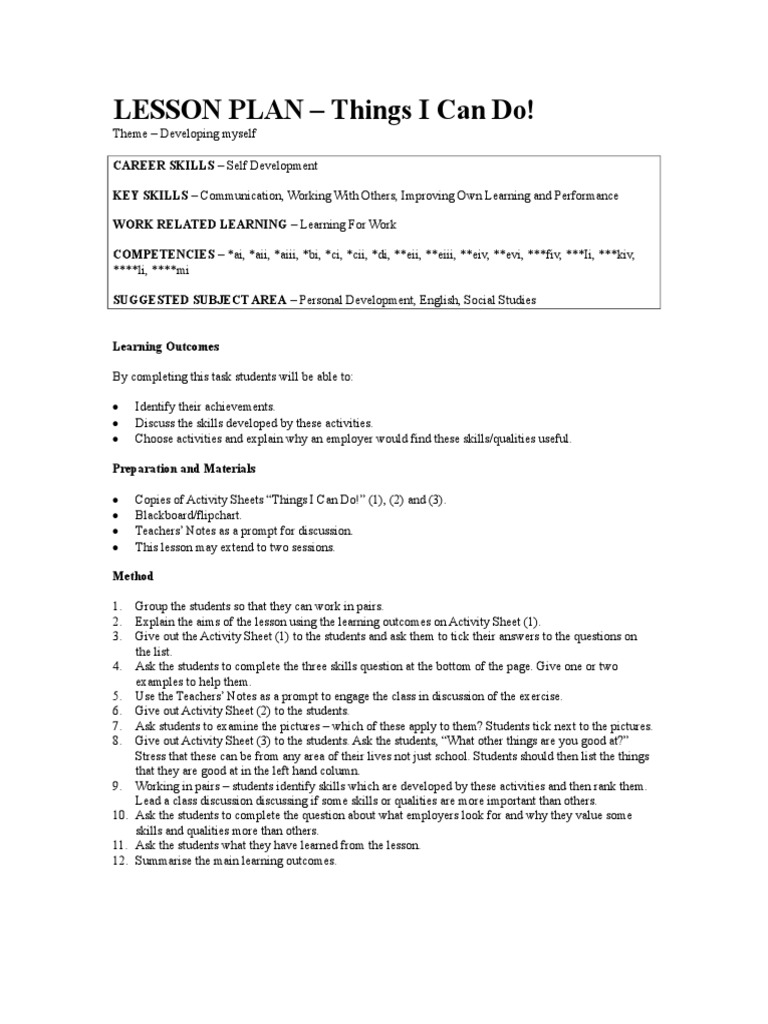 Exploring Skills: Things I Can Do! | PDF | Lesson Plan | Classroom