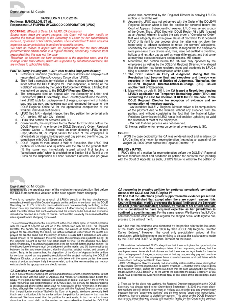 Bandillon V LFUC - Corpin | PDF | Certiorari | Judgment (Law)