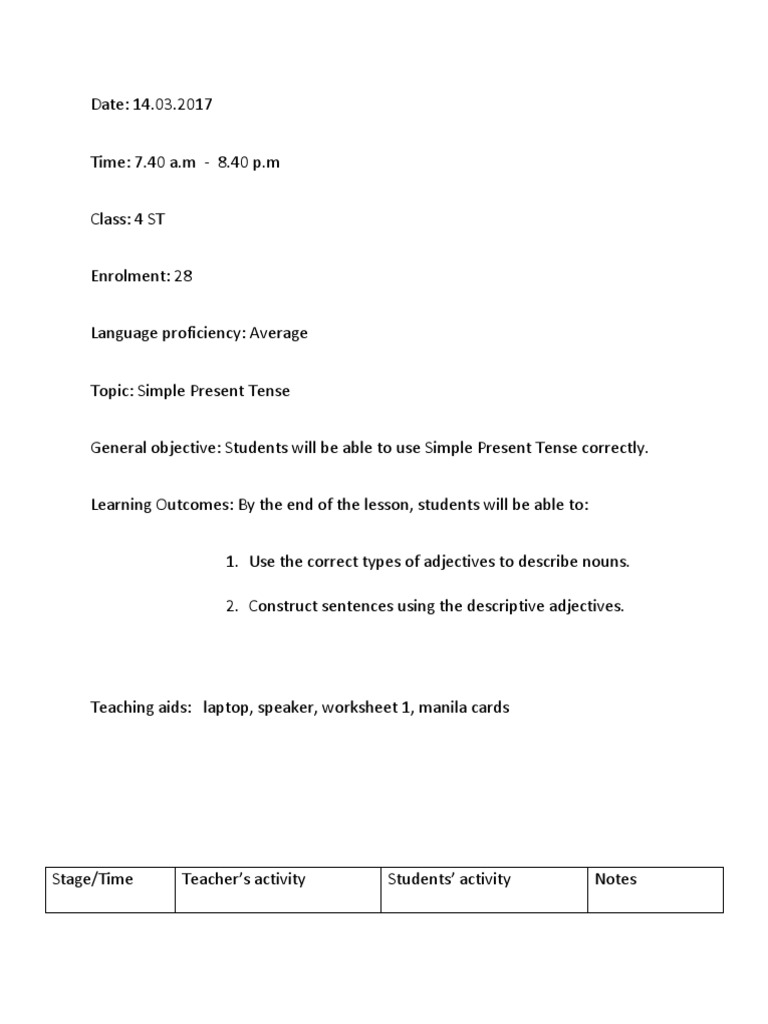 Lesson Plan Simple Present Tense | PDF | Lesson Plan | Rules