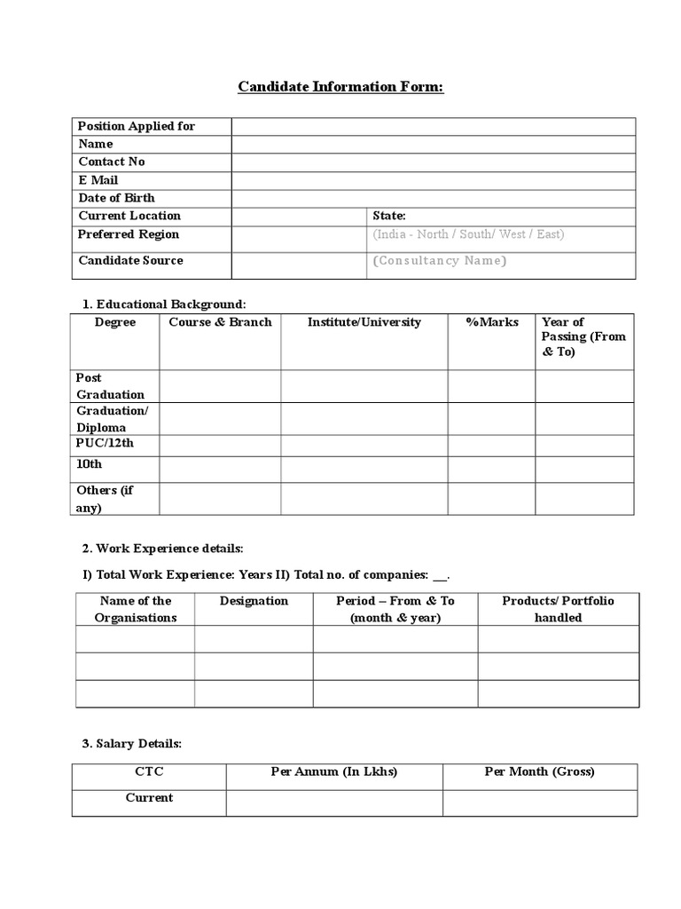 Candidate Information Form:: (India - North / South/ West / East ...