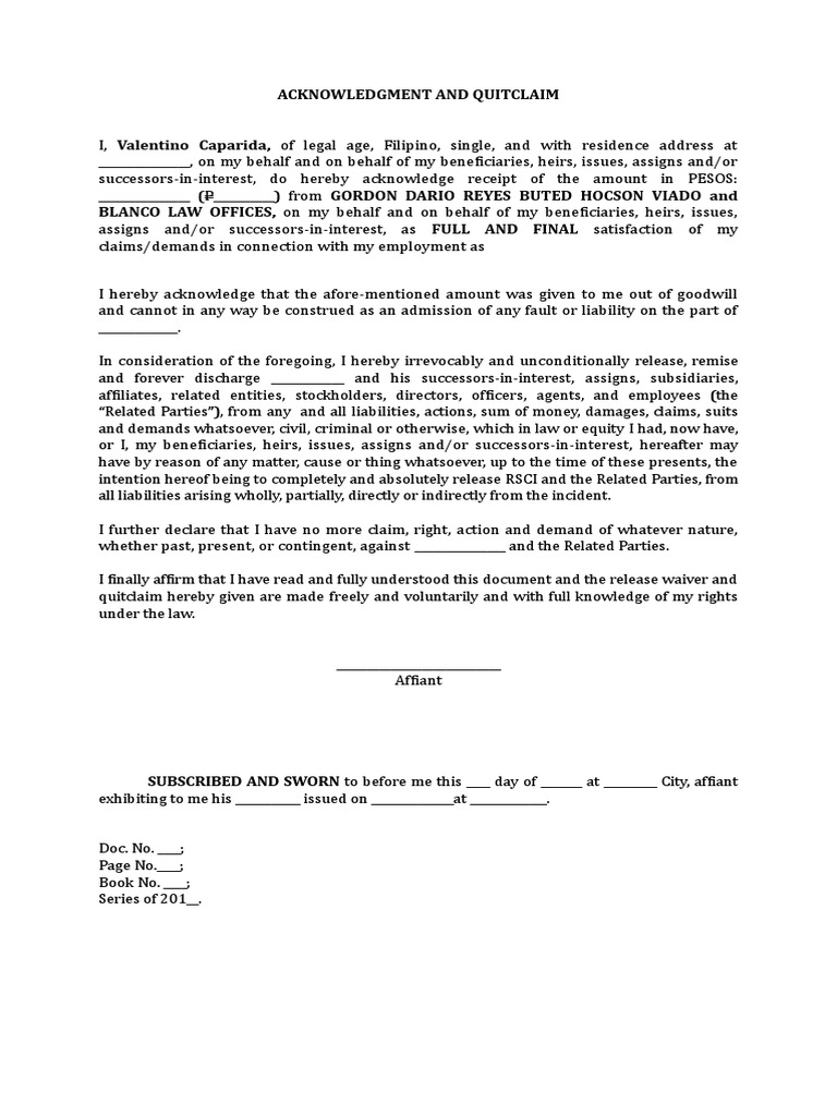 Acknowledgment and Quitclaim | PDF | Private Law | Government Information