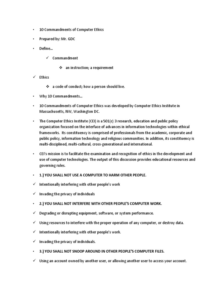 10 Commandments of Computer Ethics | Download Free PDF | Cyberspace ...
