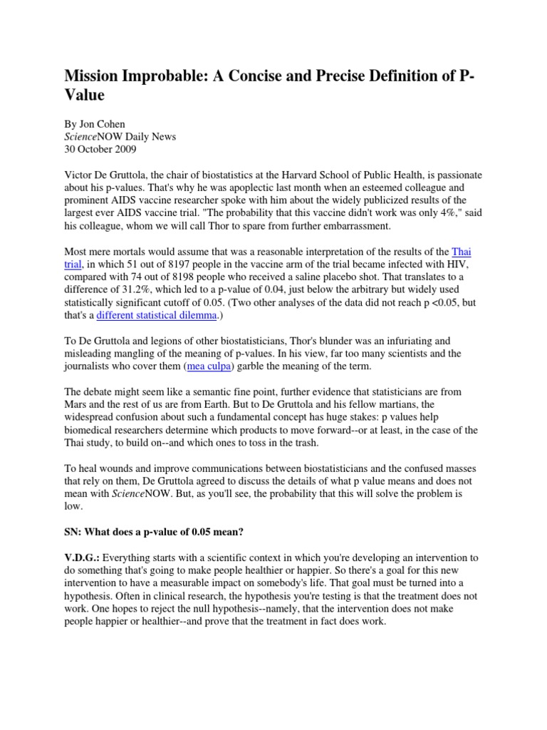 Mission Improbable: A Concise Definition of P-Value | PDF | P Value ...