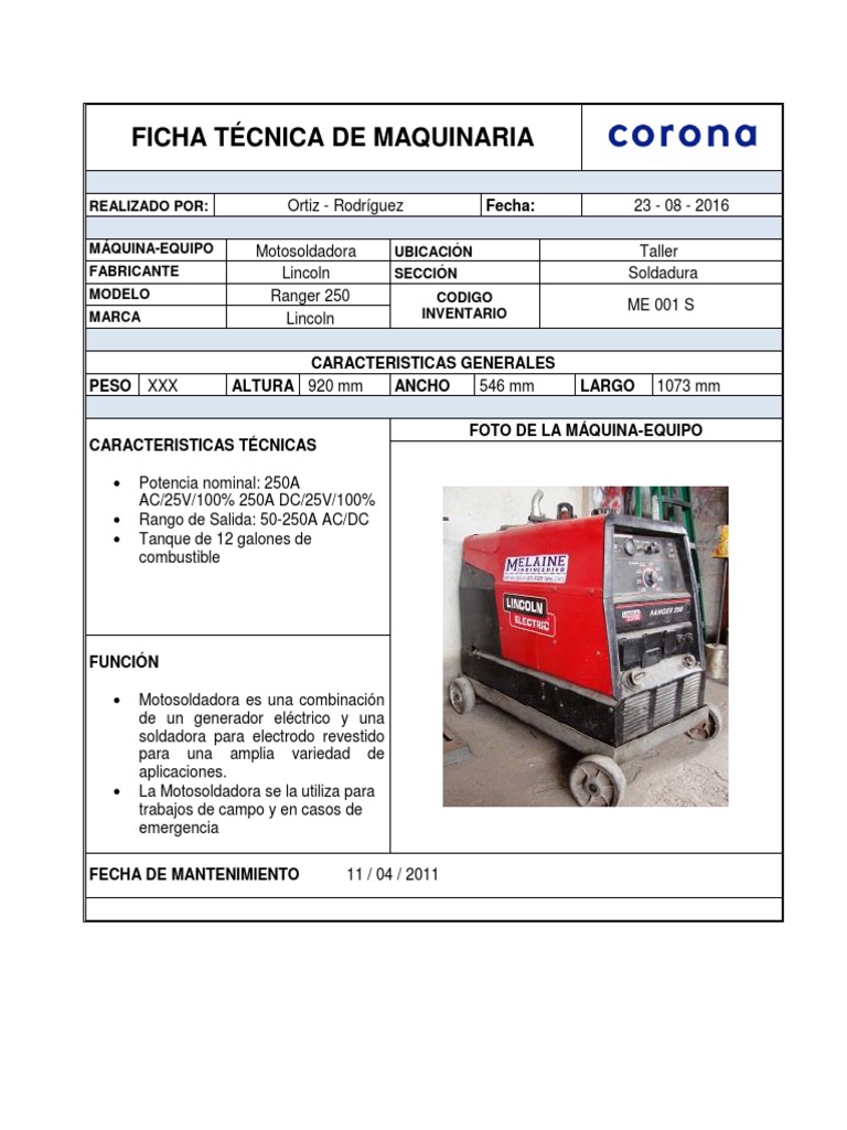 Ficha Tecnica de Maquinaria | PDF | Perforar | Soldadura