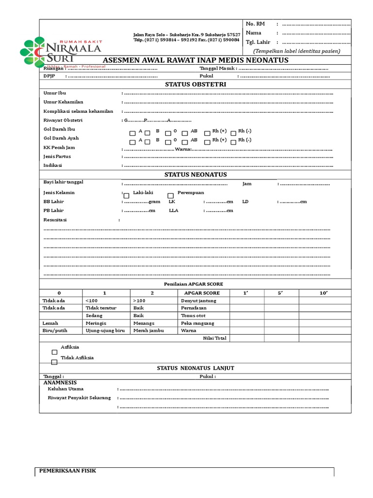 Form Asesmen Awal Rawat Inap Medis Neonatus | PDF