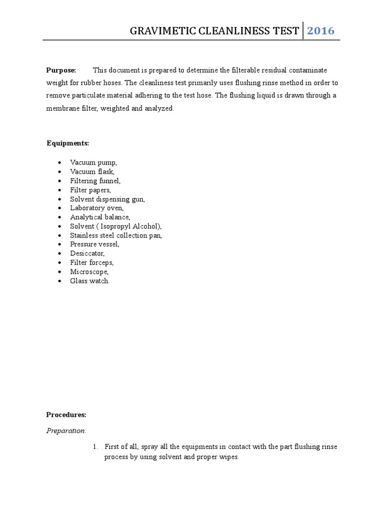 Gravimetic Cleanliness Test: Purpose | PDF