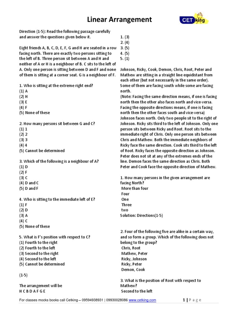 35 Must Solve Linear Arrangement in Line Facing South North | PDF ...