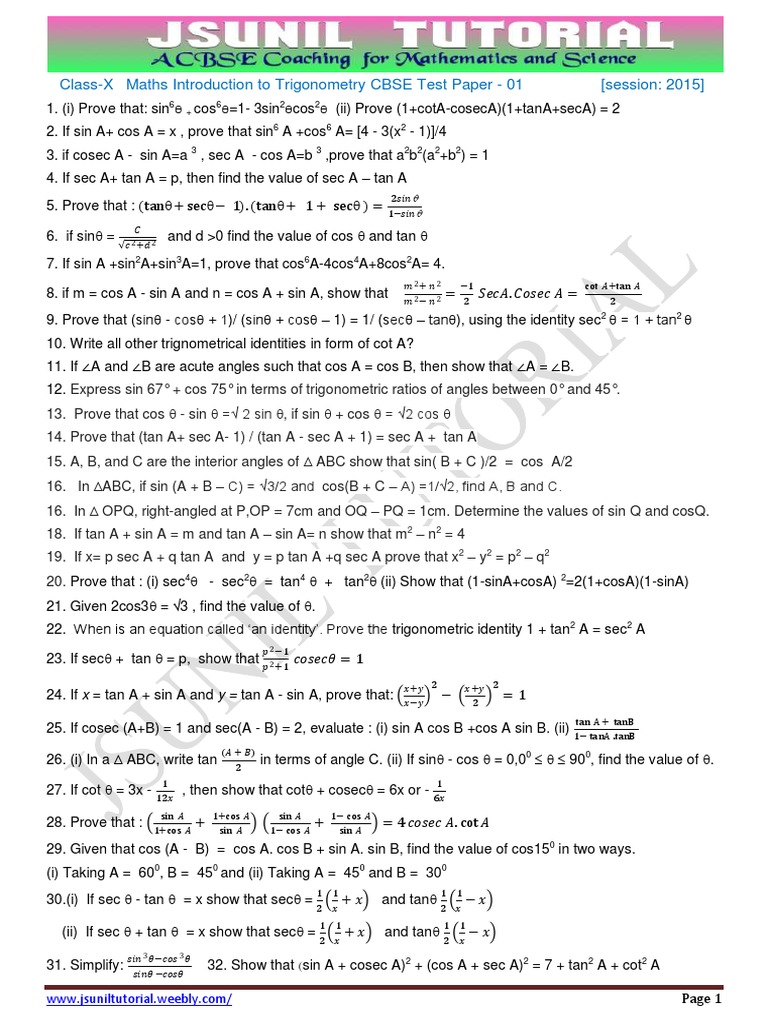Class 10 Trigonometry Test Paper | PDF | Sine | Trigonometric Functions