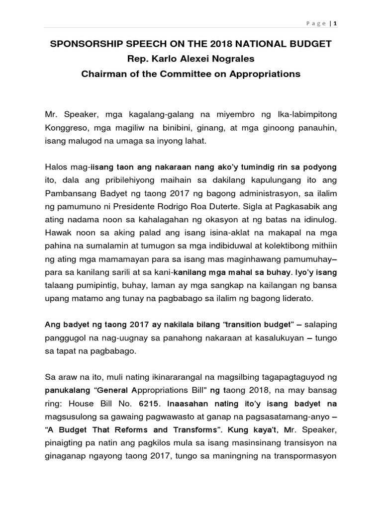 Final Sponsorship Speech 2018 National Budget | PDF