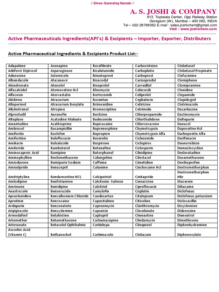 Pharmaceuticals API's Excipients | PDF | Pharmacology | Functional Group
