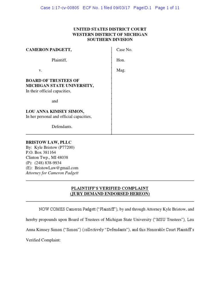 MSU Free Speech Lawsuit: Padgett vs. Trustees | PDF | Venue (Law) | Lawsuit