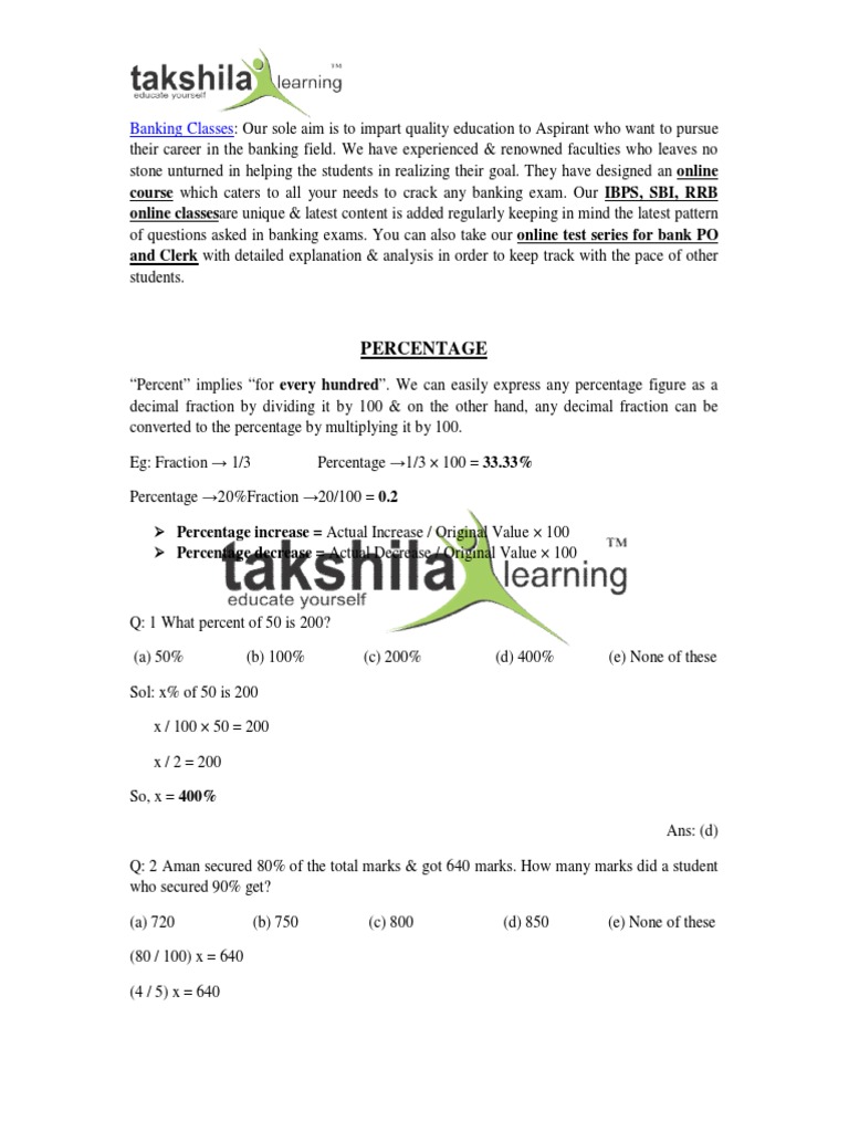 PERCENTAGE Questions and Answers for IBPS PO and Clerk | Percentage ...