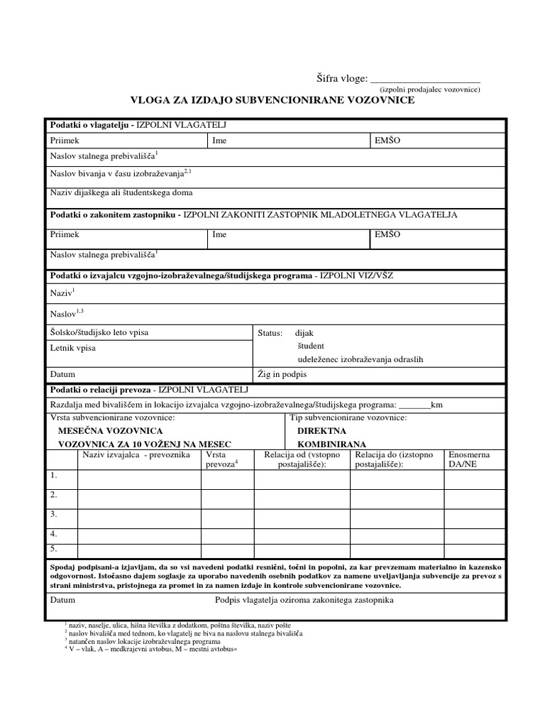Vloga Za Izdajo Subv Vozovnice 201608 PDF | PDF