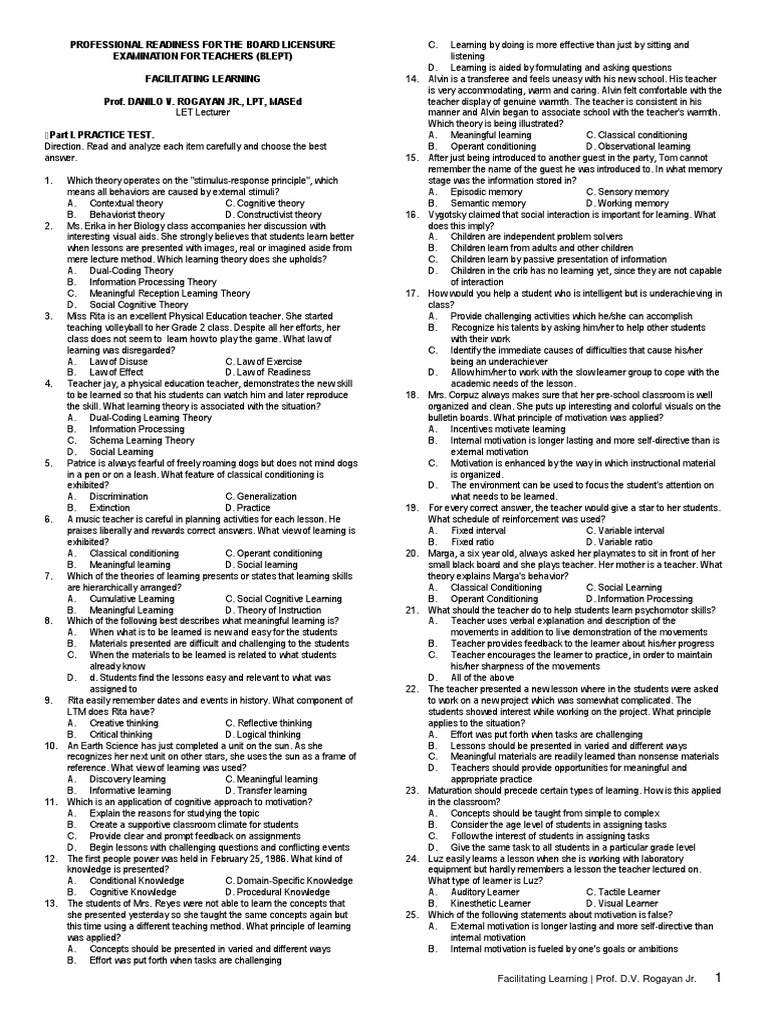 Facilitating Learning Test 2017 Pdf Motivation Motivational