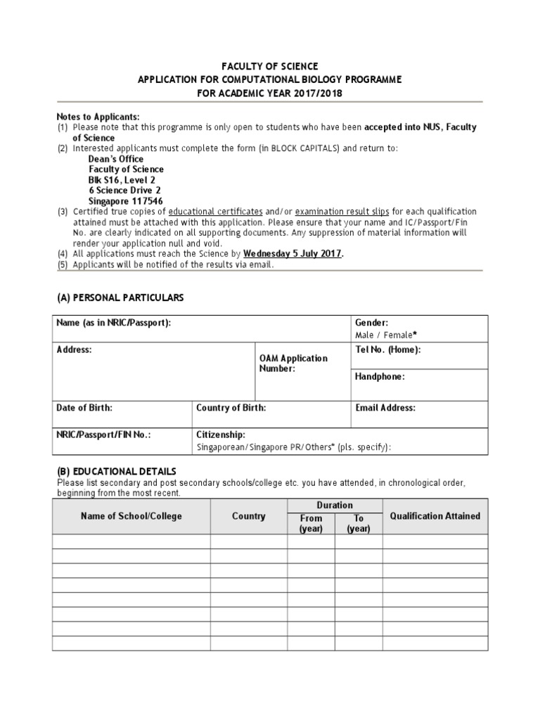 Faculty of Science Application For Computational Biology Programme FOR ...