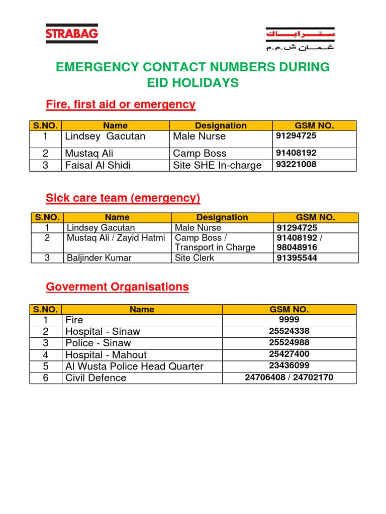Emergency Contact Numbers for EID | PDF
