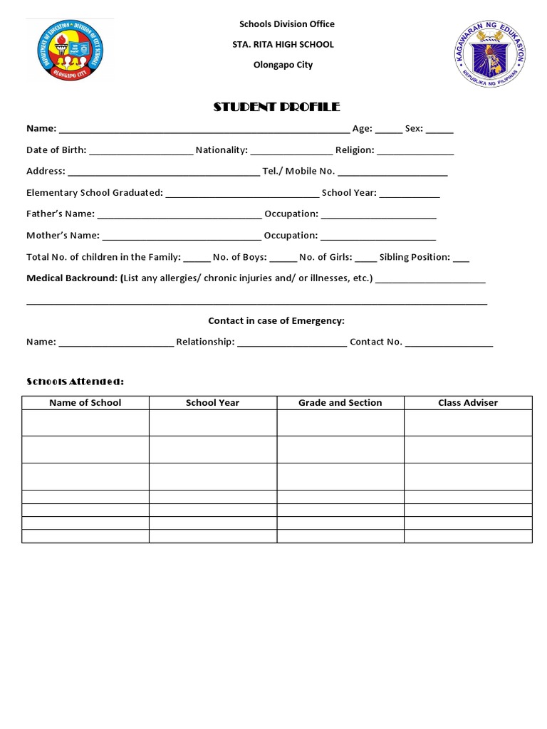 Student Profile Form for Sta. Rita High School | PDF